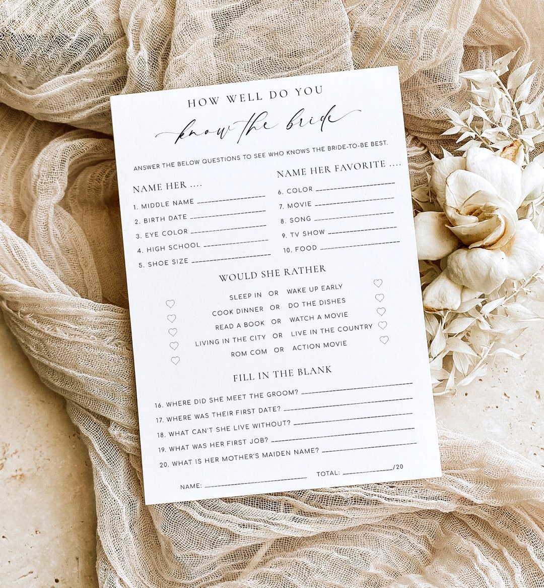 How Well Do You Know the Bride Game, Bridal Shower Trivia Game, Modern ...