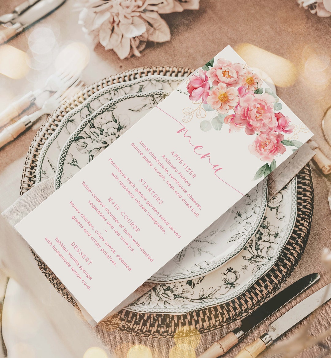 Hot Pink Peony Menu Template, Printable Brunch Menu, Bridal Shower ...
