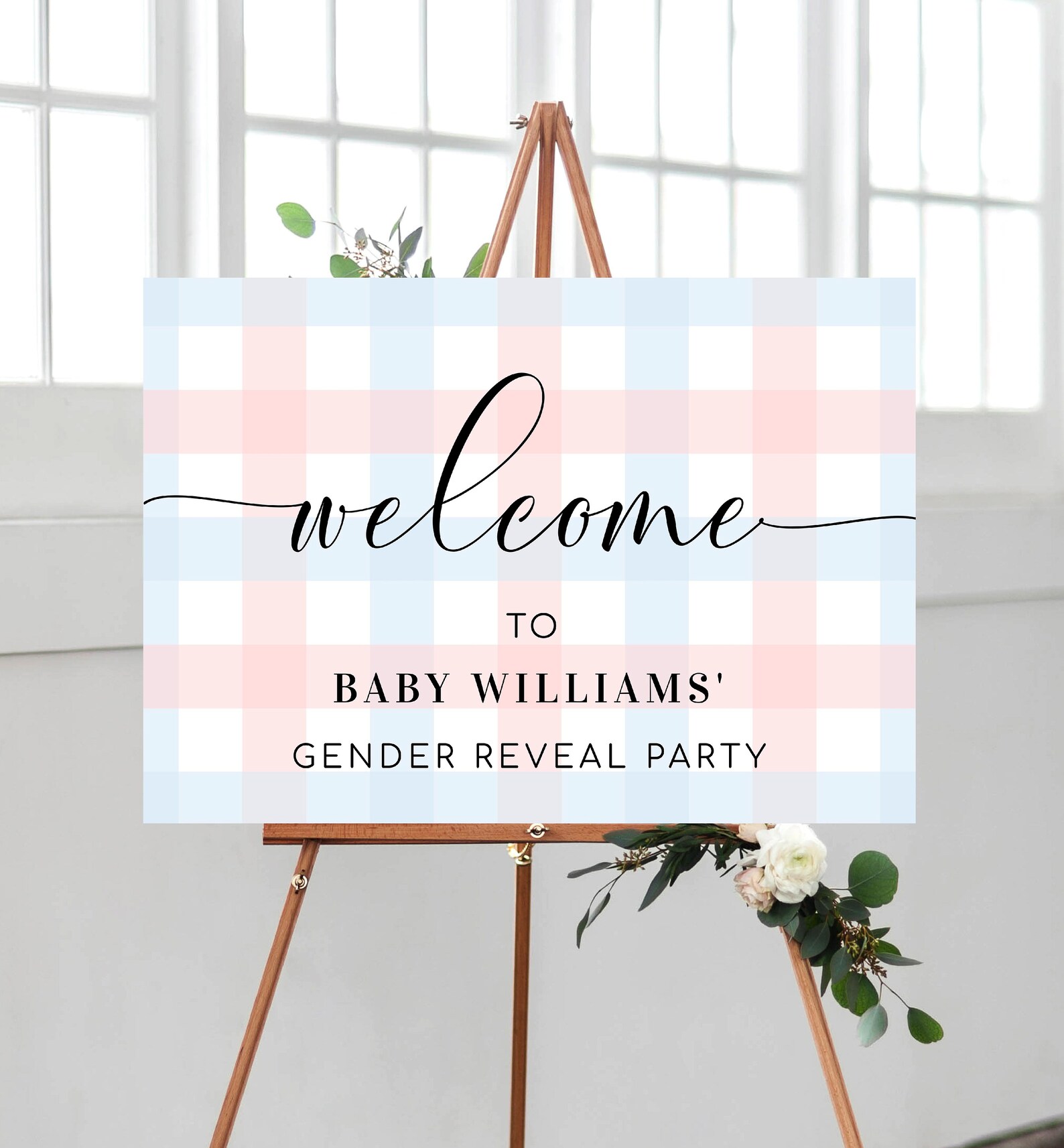 Printable Welcome Sign Pink Blue Gingham Gender Reveal Party - Etsy