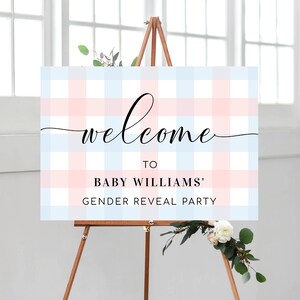 Printable Welcome Sign, Pink Blue Gingham Gender Reveal Party Welcome ...
