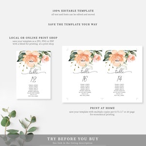 Printable Table Numbers With Guest Names Template, Peach Floral Wedding ...