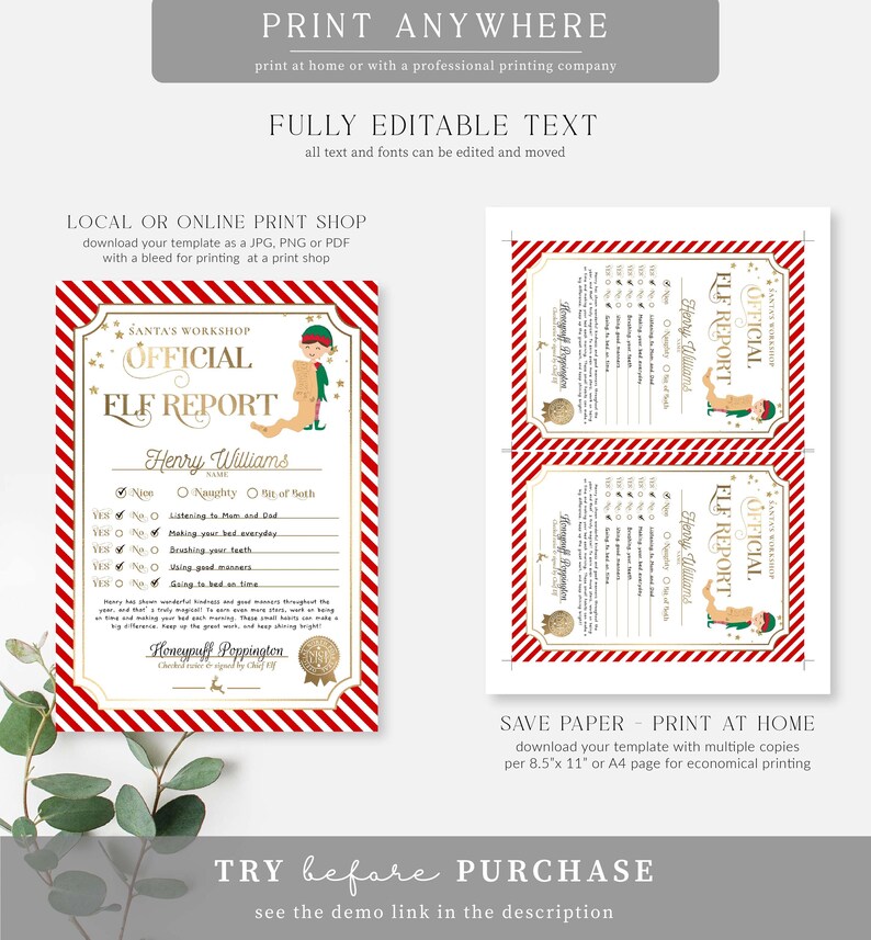 Printable Elf Report Card Template, Santa's Workshop (digital Download ...
