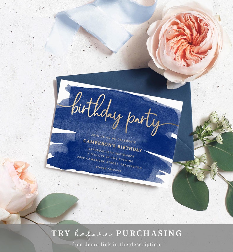 Navy Watercolor Birthday Printable Invitation – Faux Gold Foil (digital ...