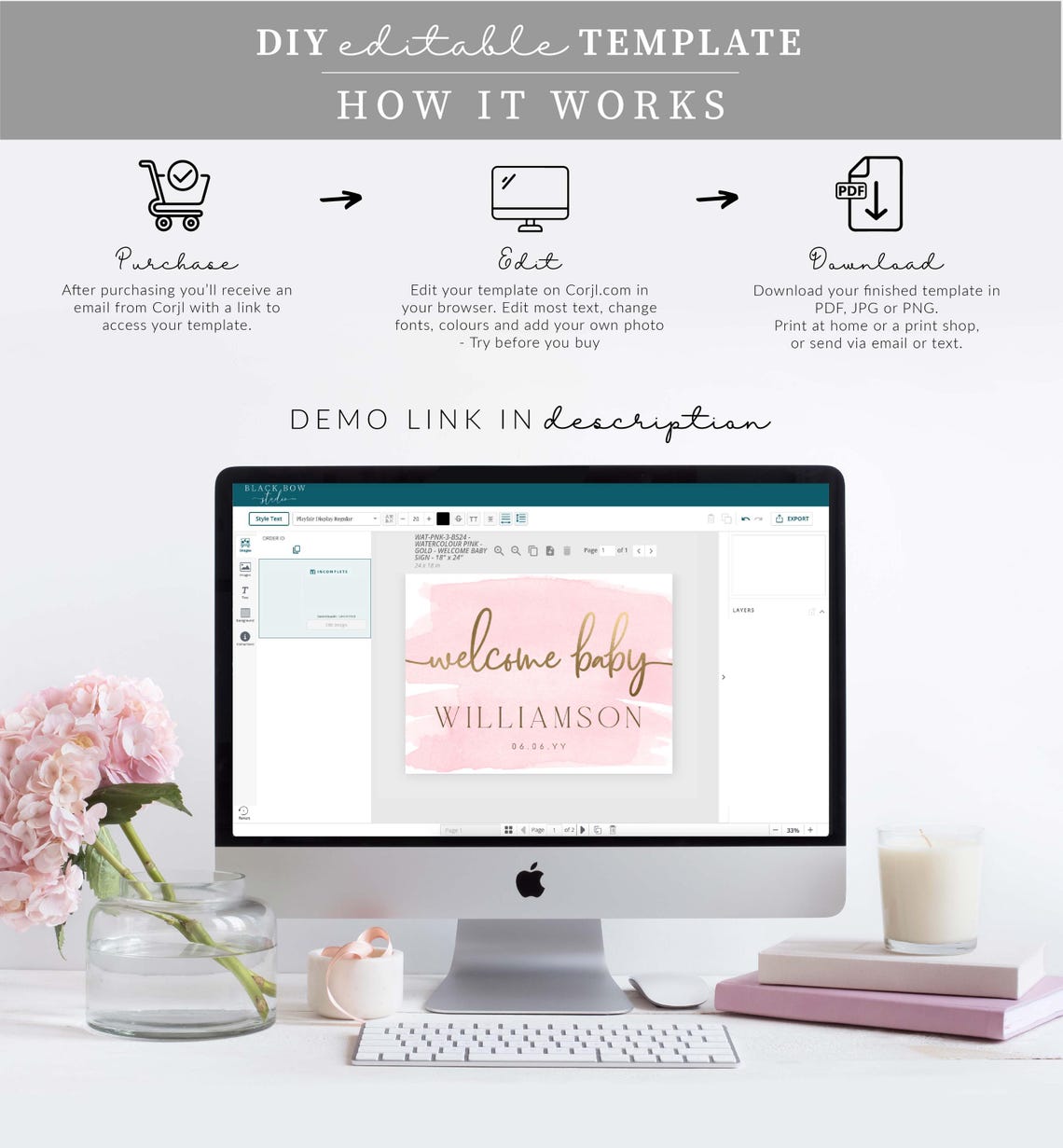 Welcome Baby Sign, Welcome Sign Template, Printable Pink Watercolour ...