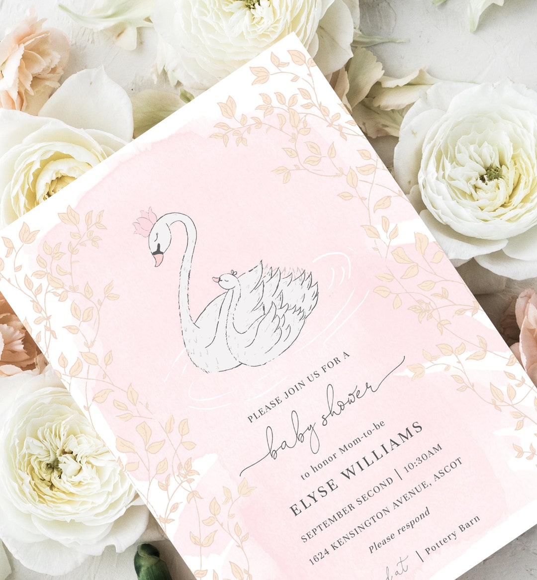 Swan Baby Shower Printable Invitation - Pink Girl Baby Shower - Swan ...