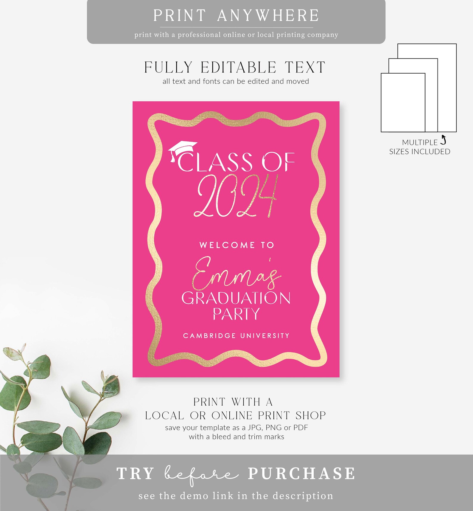 Hot Pink Gold Graduation Welcome Sign, Class of 2025 (printable), Wave ...