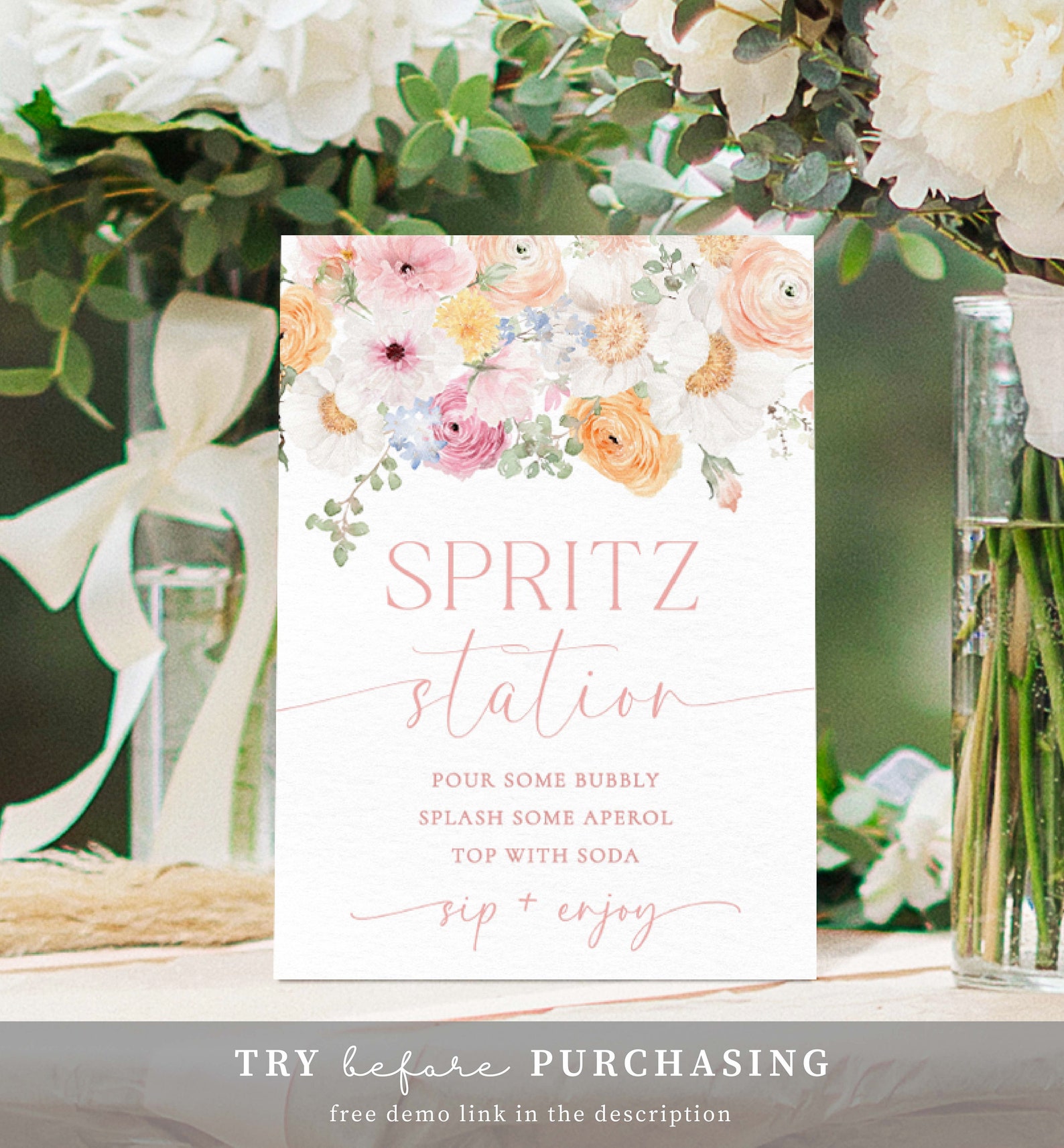 Spritz Station Sign, Printable Spritz Cocktail Sign, Boho Wildflower ...