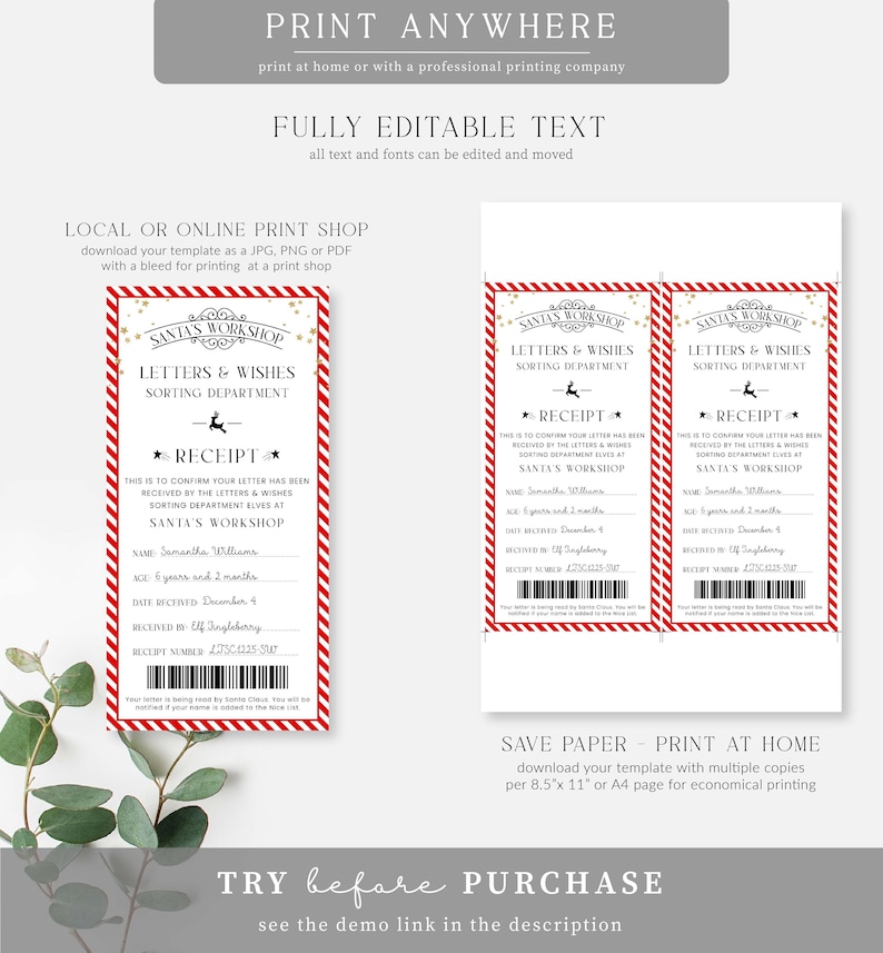 Printable Letter to Santa Receipt, Santa's Nice List Receipt, Letter ...