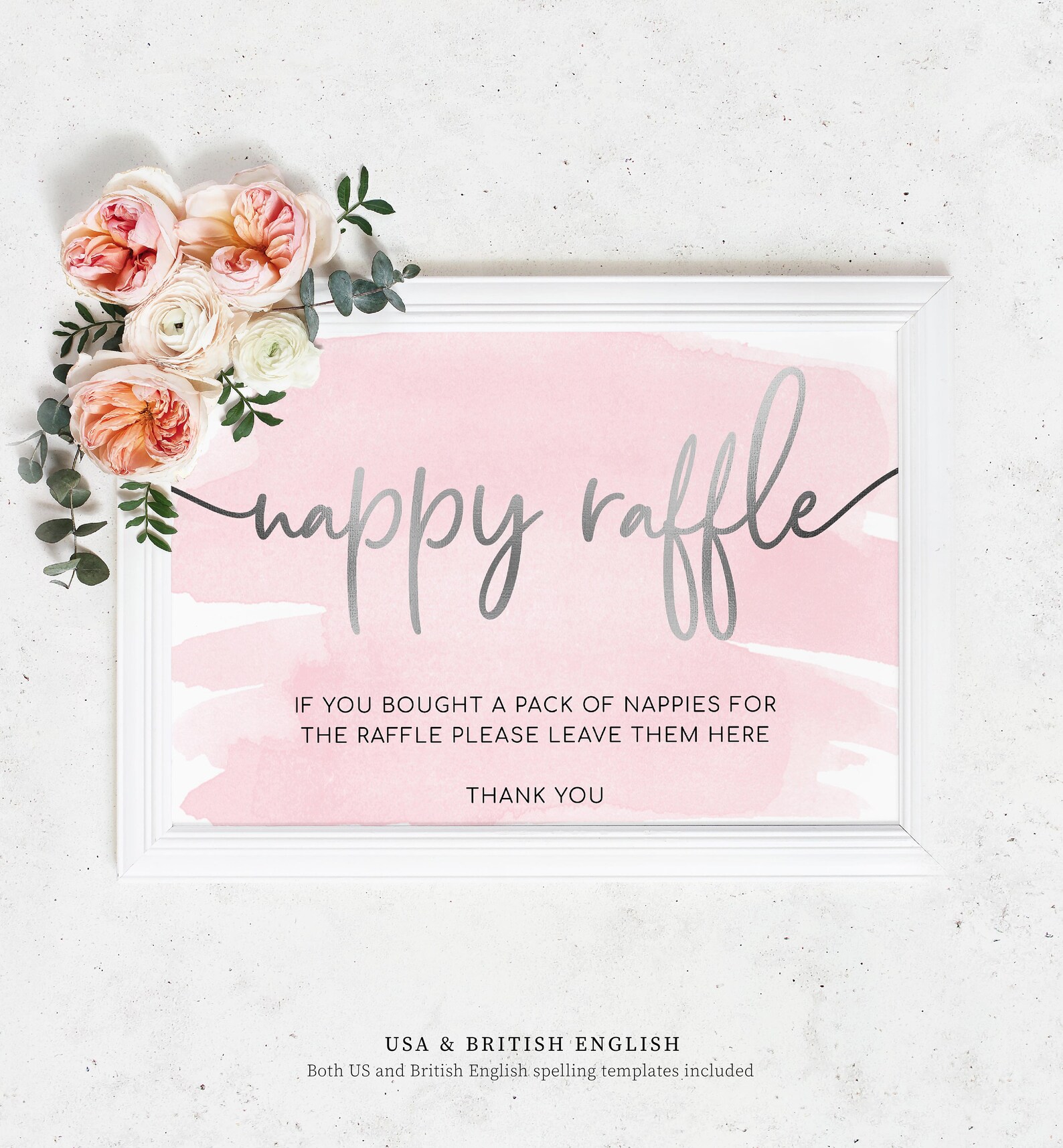 Diaper Raffle Sign and Raffle Ticket Pink Watercolour Silver - Etsy