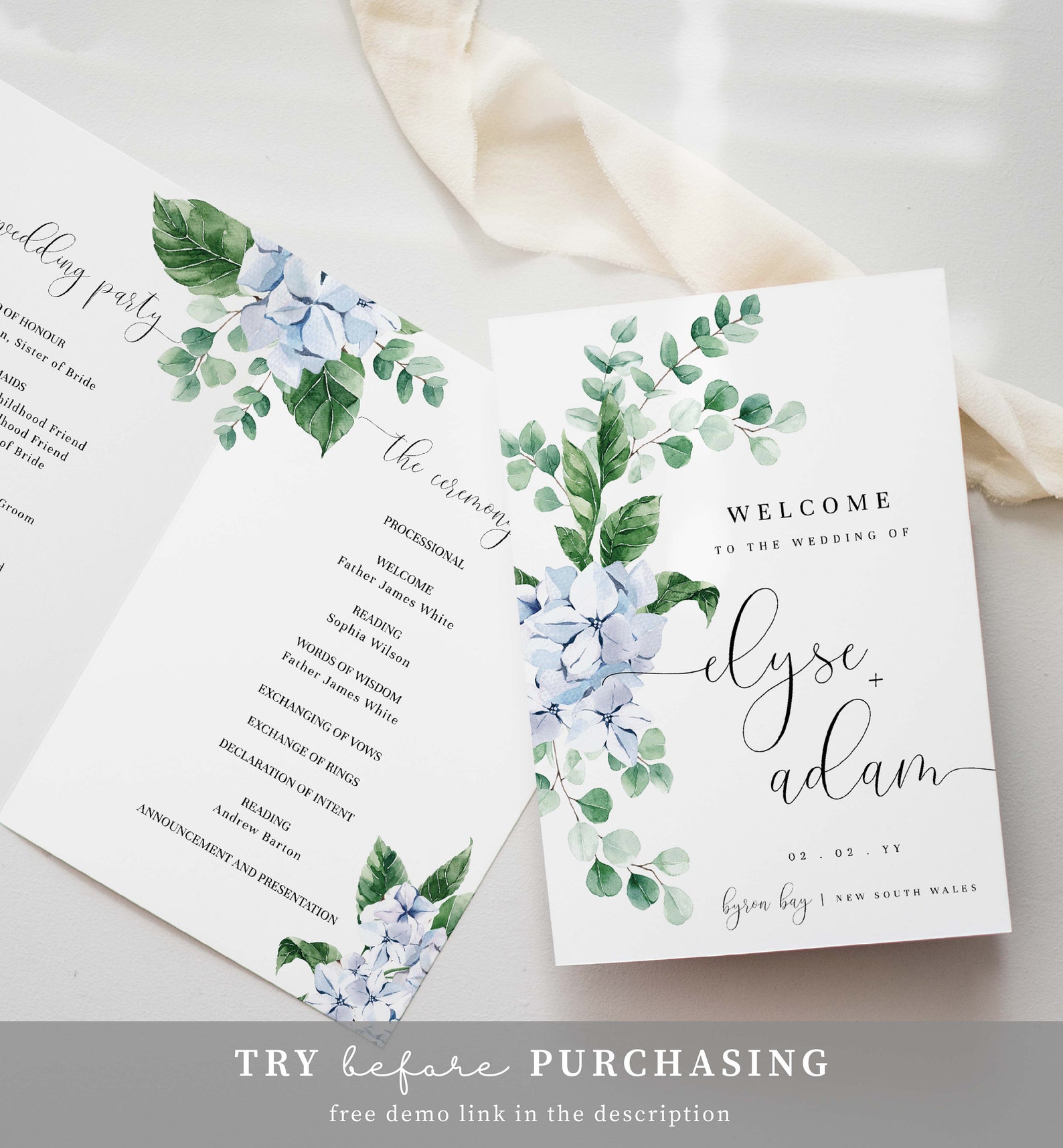Printable Wedding Ceremony Program Template, Blue Hydrangea, Wedding ...