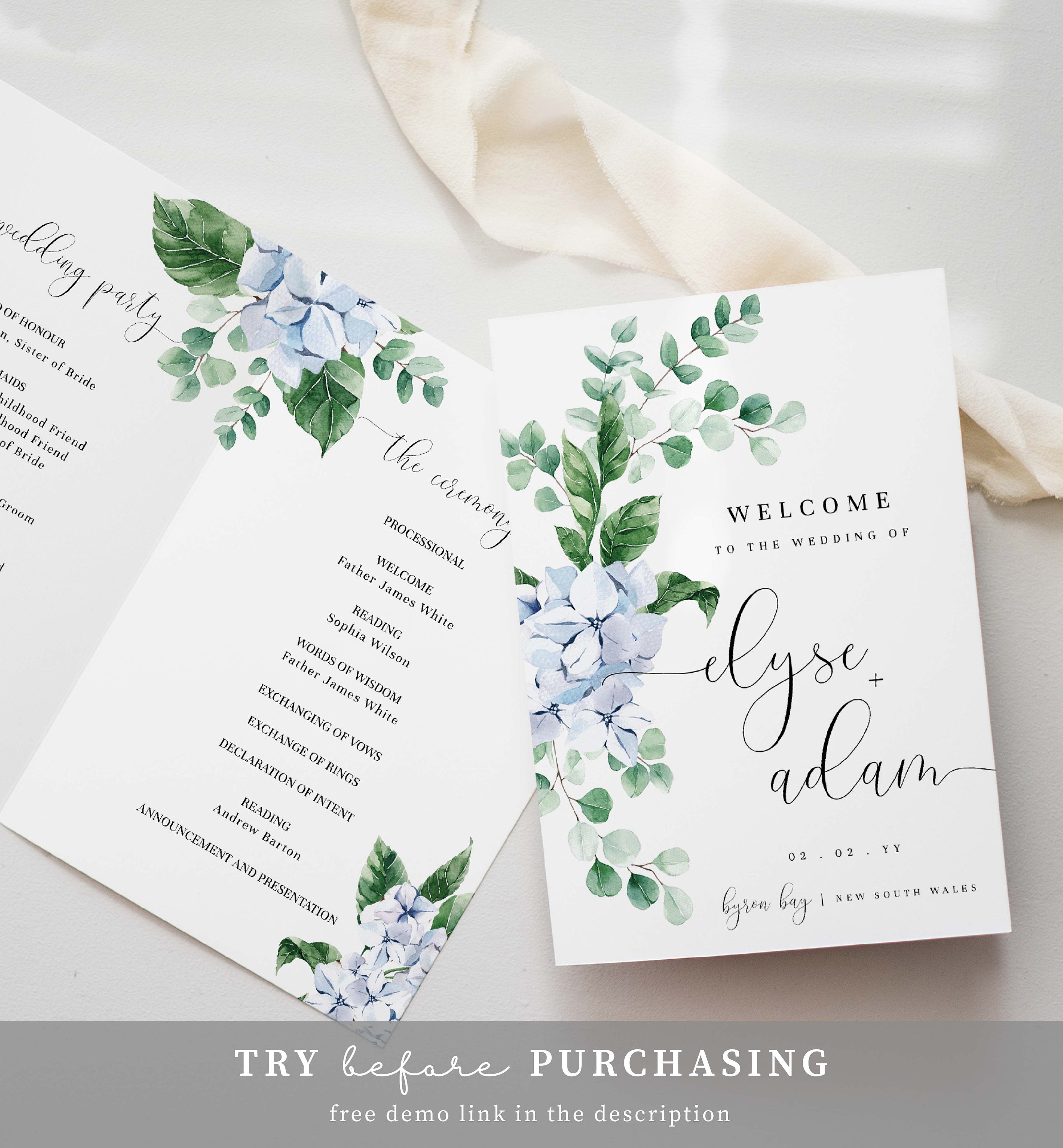Printable Wedding Ceremony Program Template, Blue Hydrangea, Wedding ...