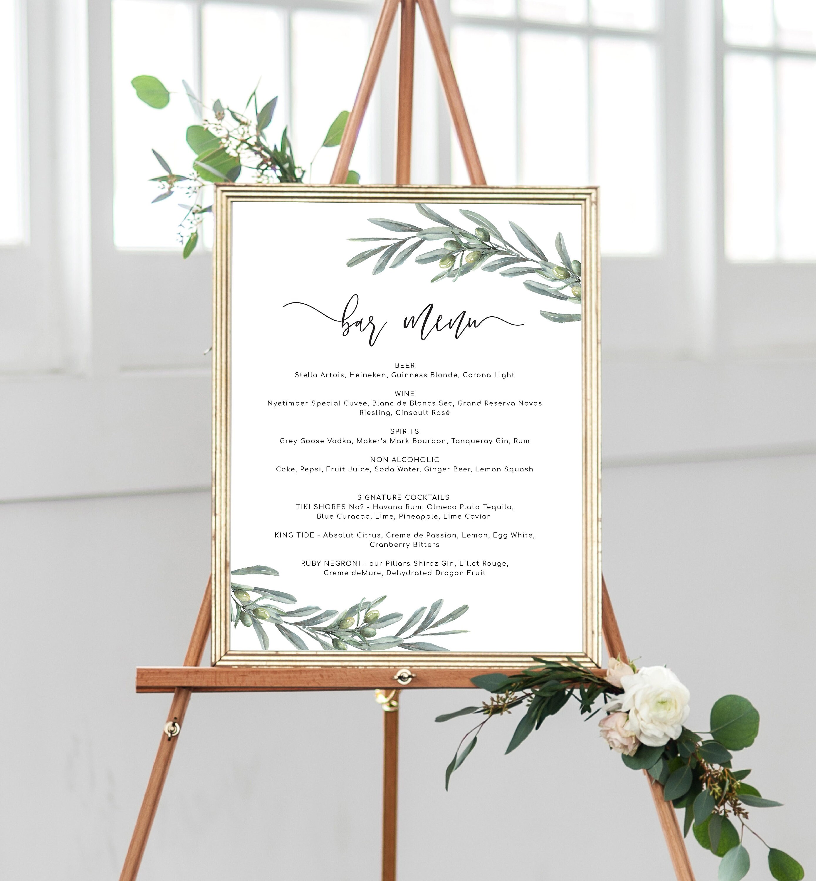Editable Bar Menu Sign Printable Italian Olive Leaf Wedding | Etsy