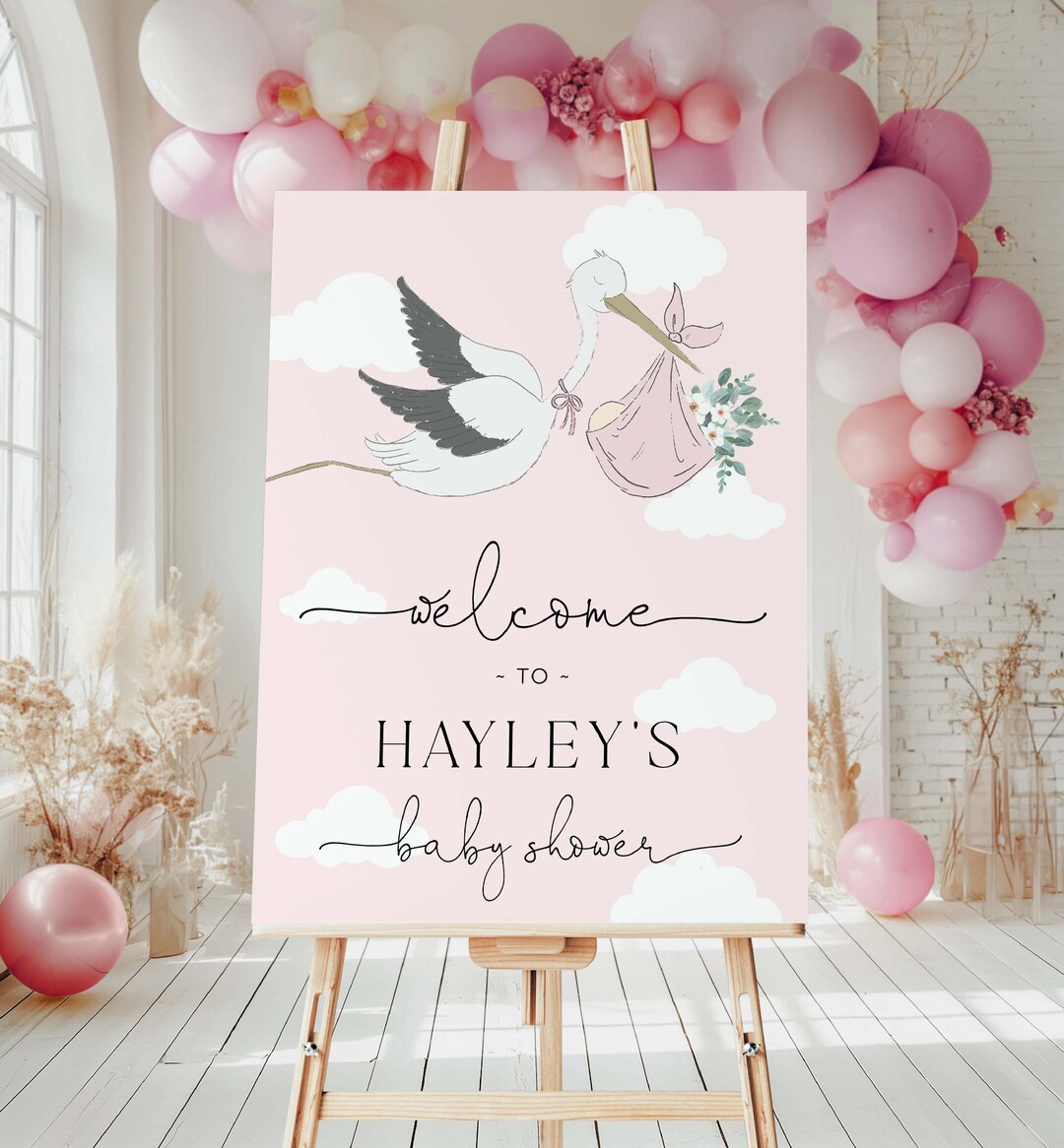 Pink Stork Welcome Sign Template, Printable Pink Girl Cloud Baby Shower ...