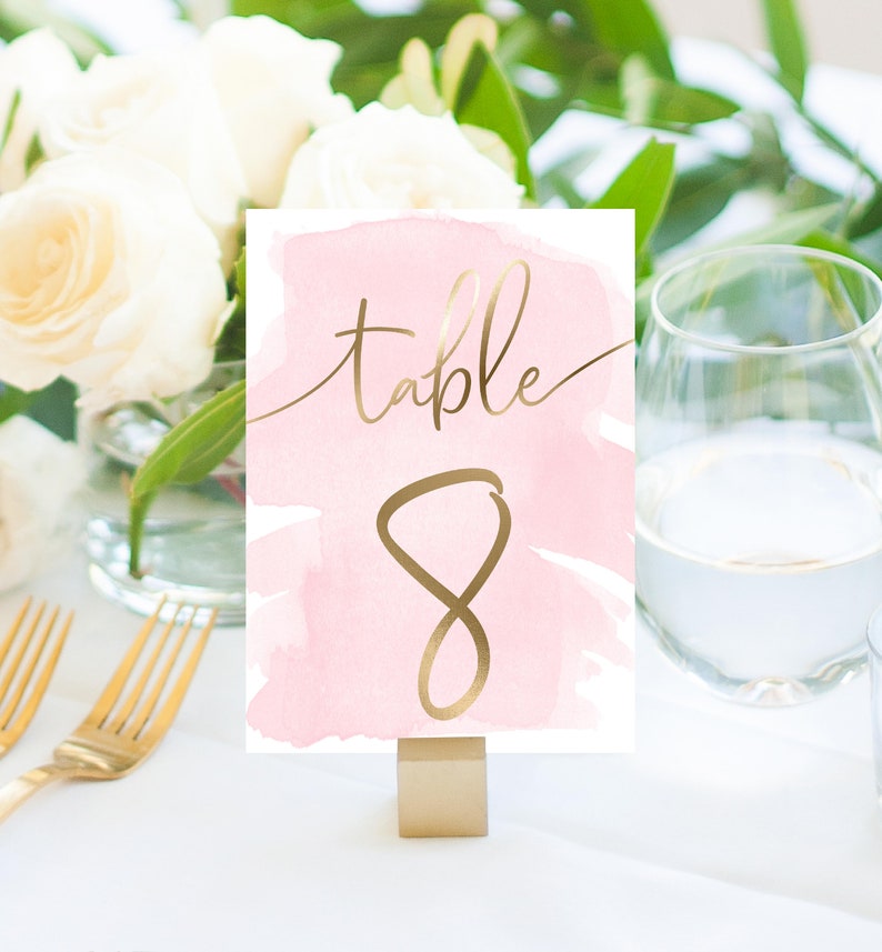 Printable Table Numbers, Pink Watercolour Gold, 1 - 21 Table Numbers ...