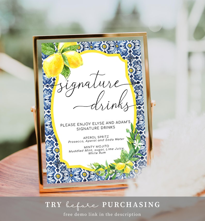 Positano Blue Tile Lemon Signature Drinks Sign Signature - Etsy