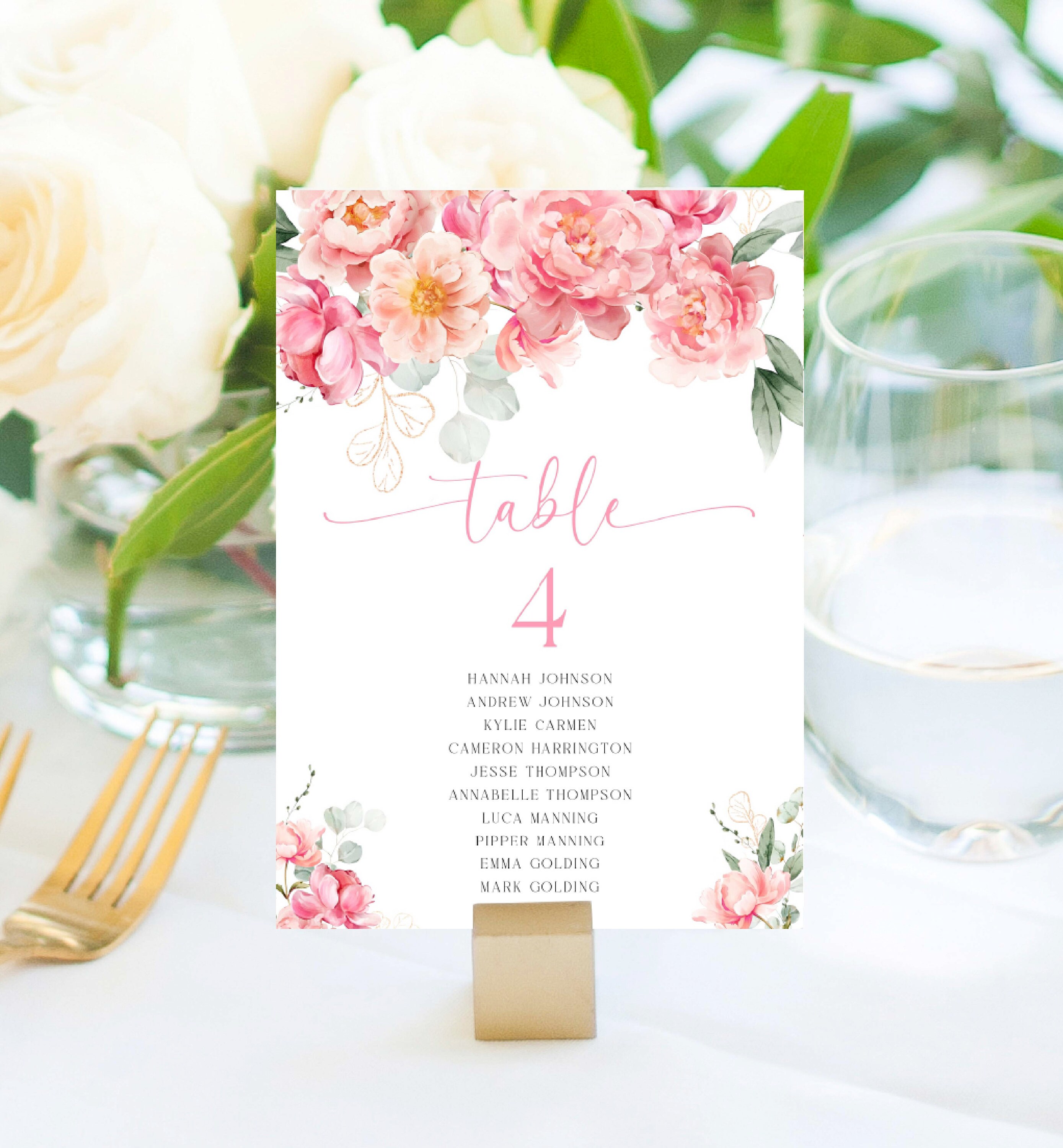 Printable Table Numbers With Guest Names, Blush Peony Floral Wedding ...