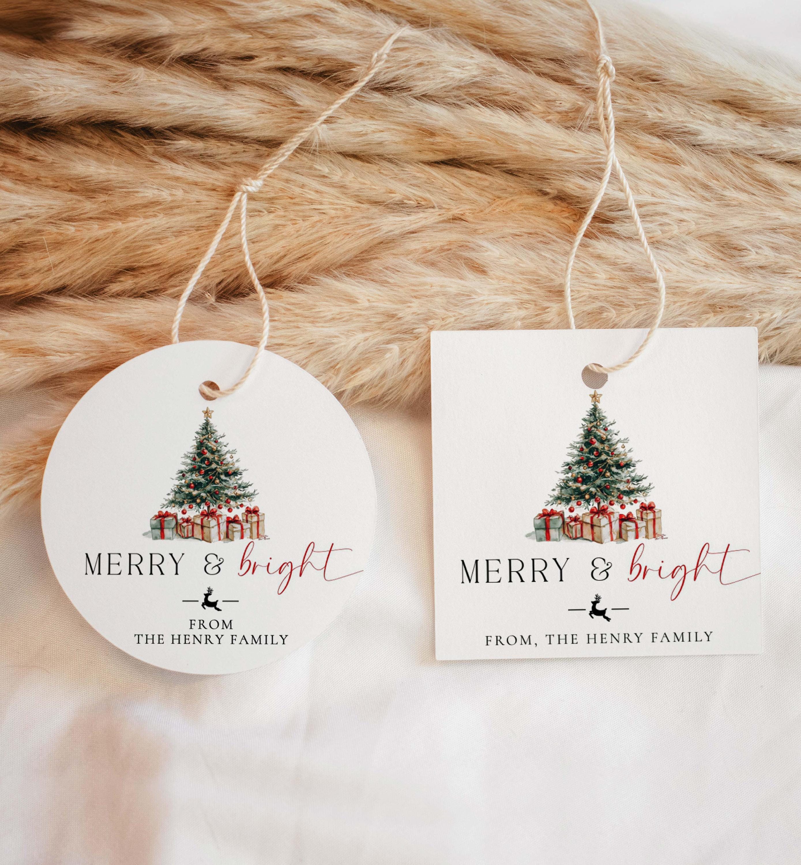Printable Merry and Bright Gift Tag, Christmas Tree Gift Label, Custom ...