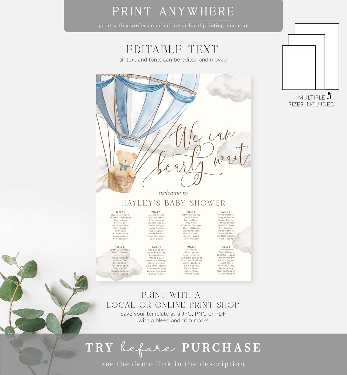 Printable Teddy Bear Seating Chart Sign Template, We Can Bearly Wait ...