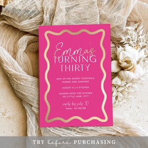 Hot Pink and Gold 30th Birthday Invitation, Wave Design (digital ...