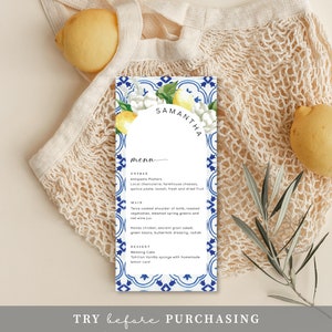 Mediterranean Blue Tile Editable Menu Arch Template, Italian Lemons ...