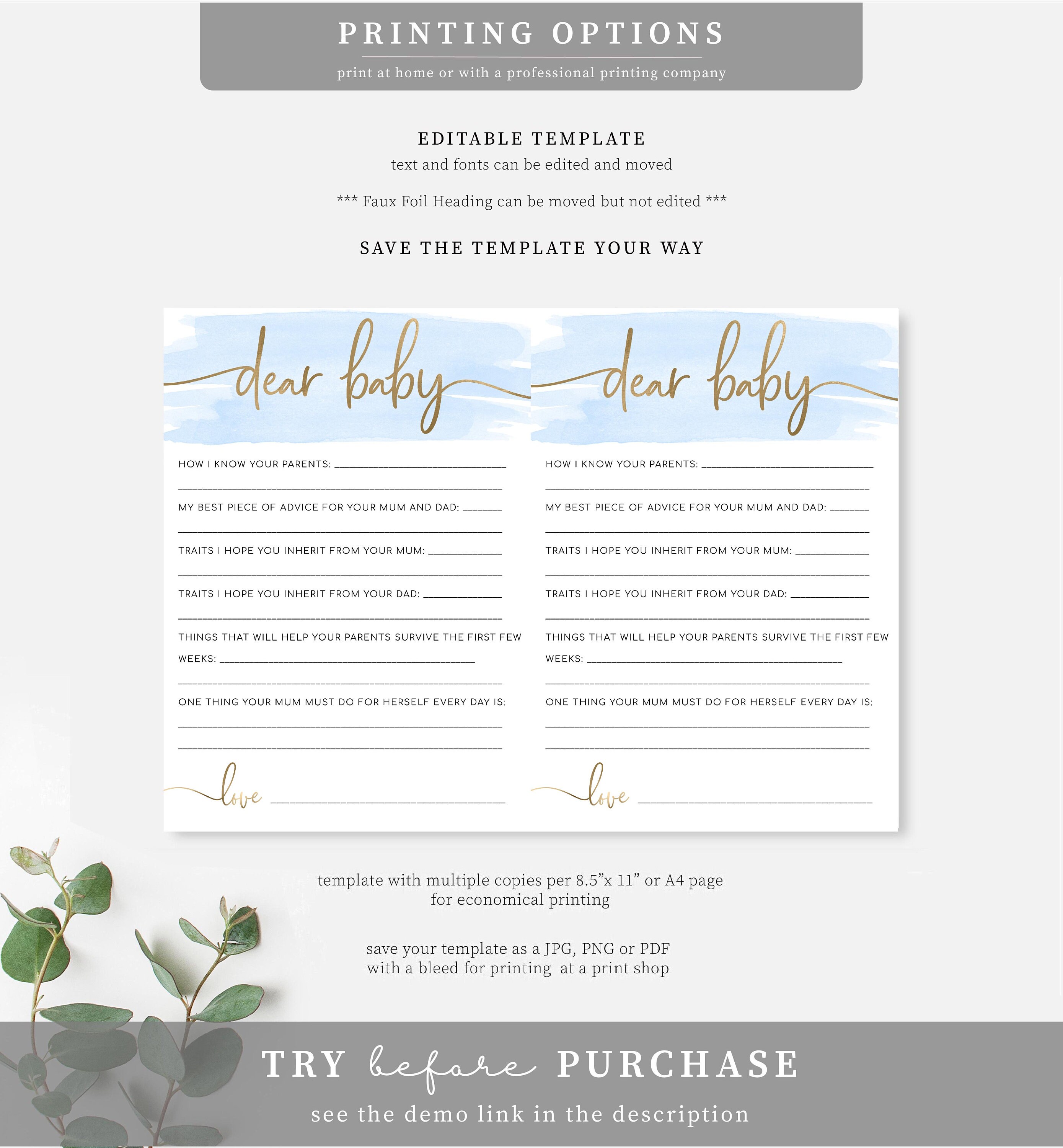 Dear Baby Game - Blue Boy Baby Shower Wishes for Baby Game - Blue ...