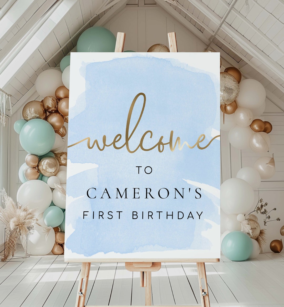 First Birthday Welcome Sign Template, Blue Watercolor, Boy Baby Shower ...