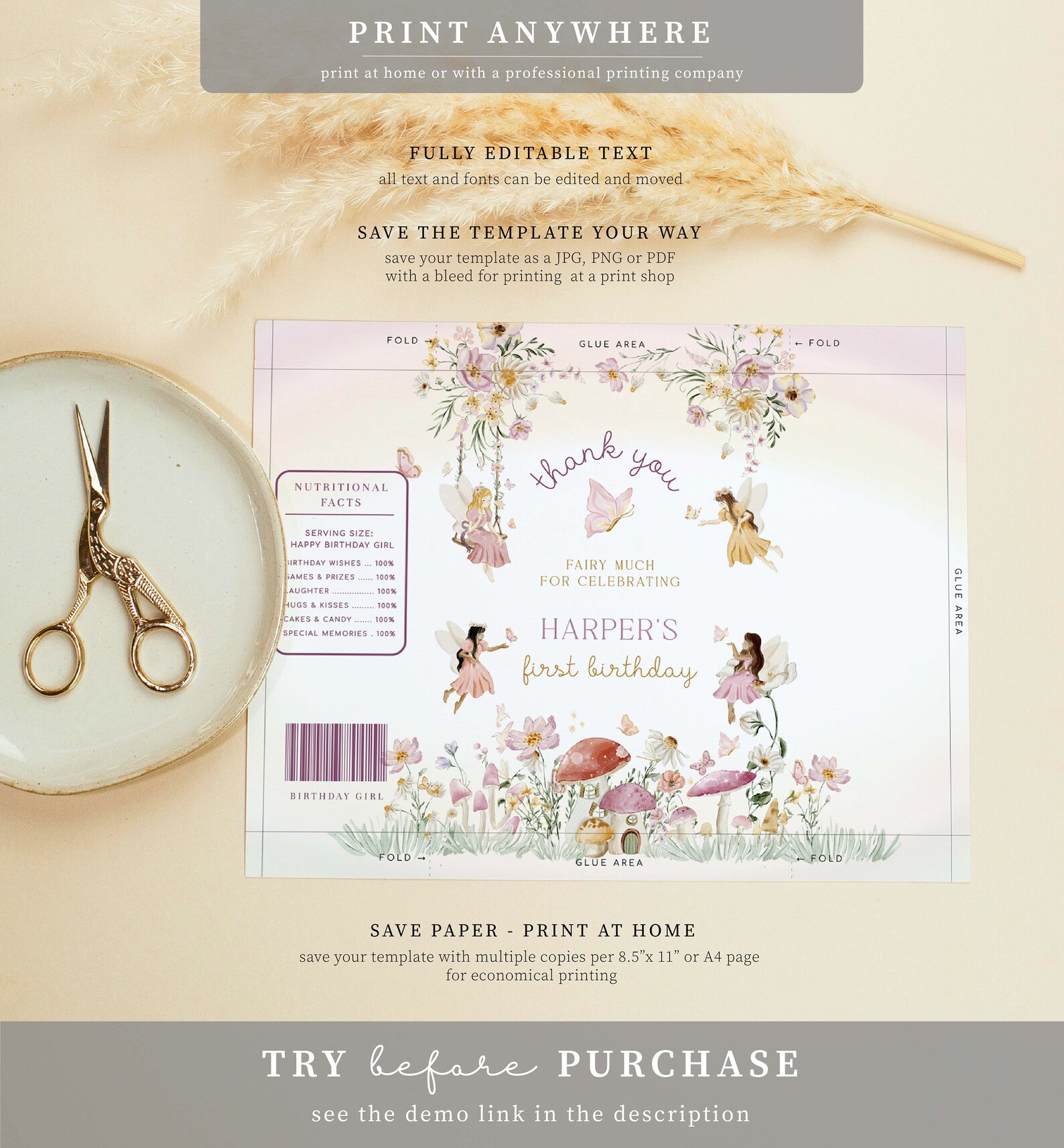 Printable Fairy First Birthday Chip Packet Wrap, Fairy Princess Favor ...
