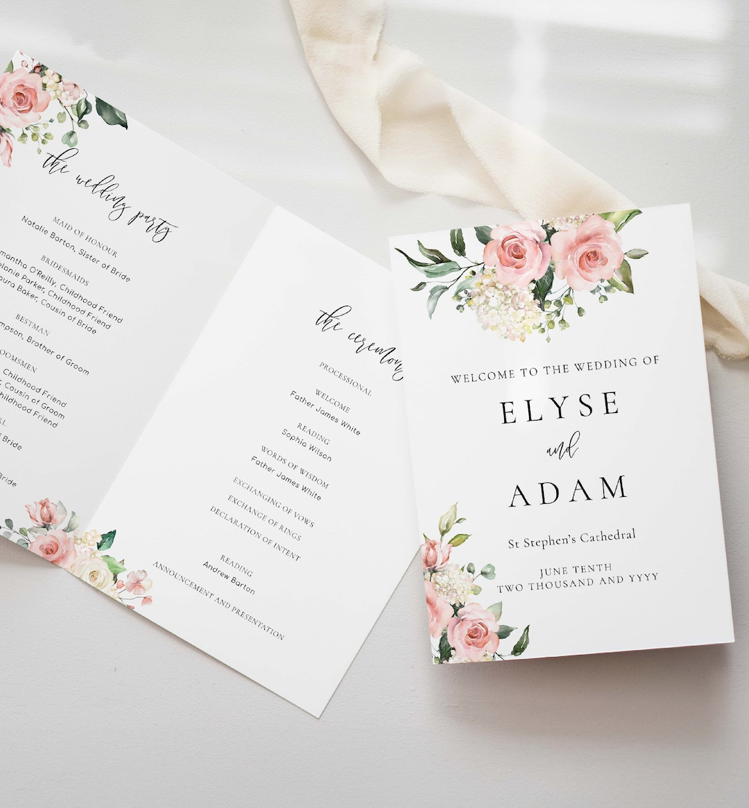 Printable Wedding Ceremony Program Template, Blush Pink Floral, Wedding ...