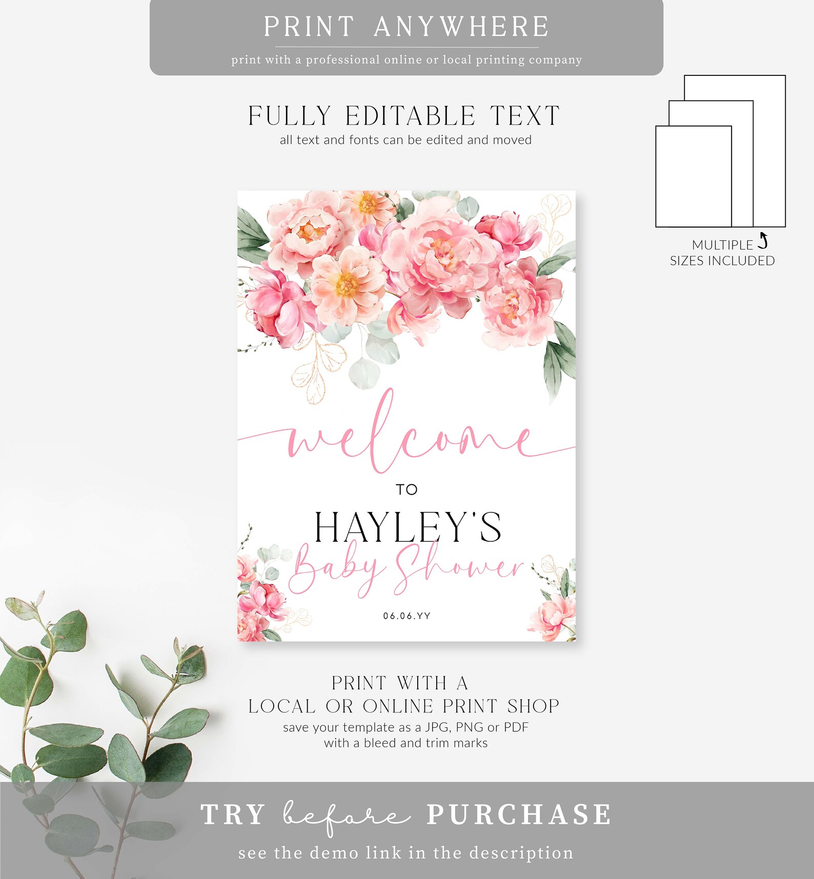 Hot Pink Peony Welcome Sign, Printable Bridal Shower Welcome Sign ...