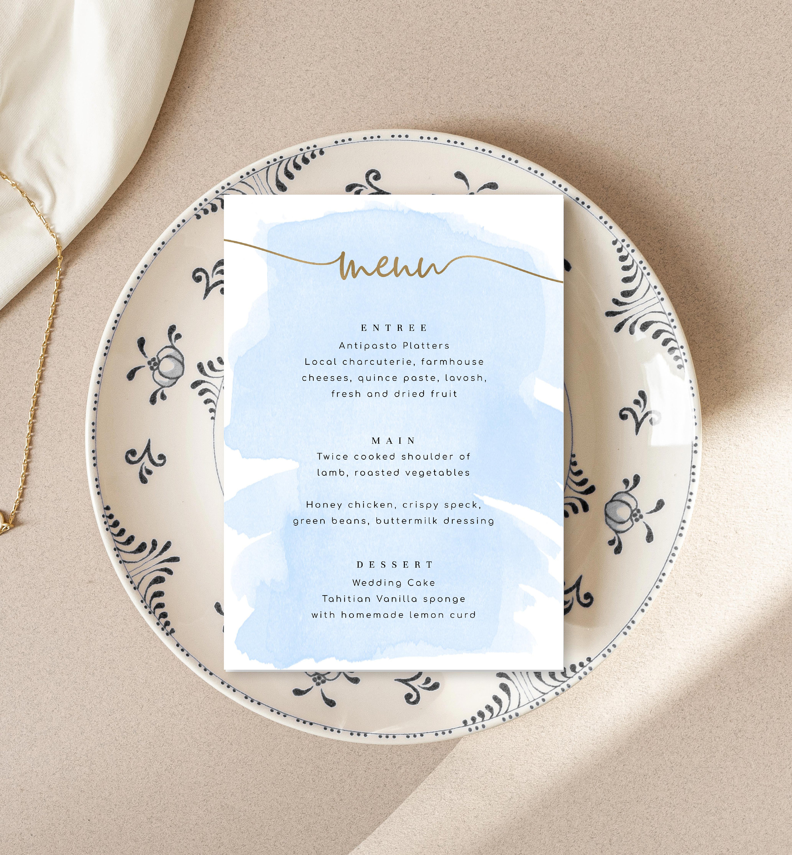 sale shop cheap Editable Royal Blue Menu Card Template (Wedding, Bridal ...