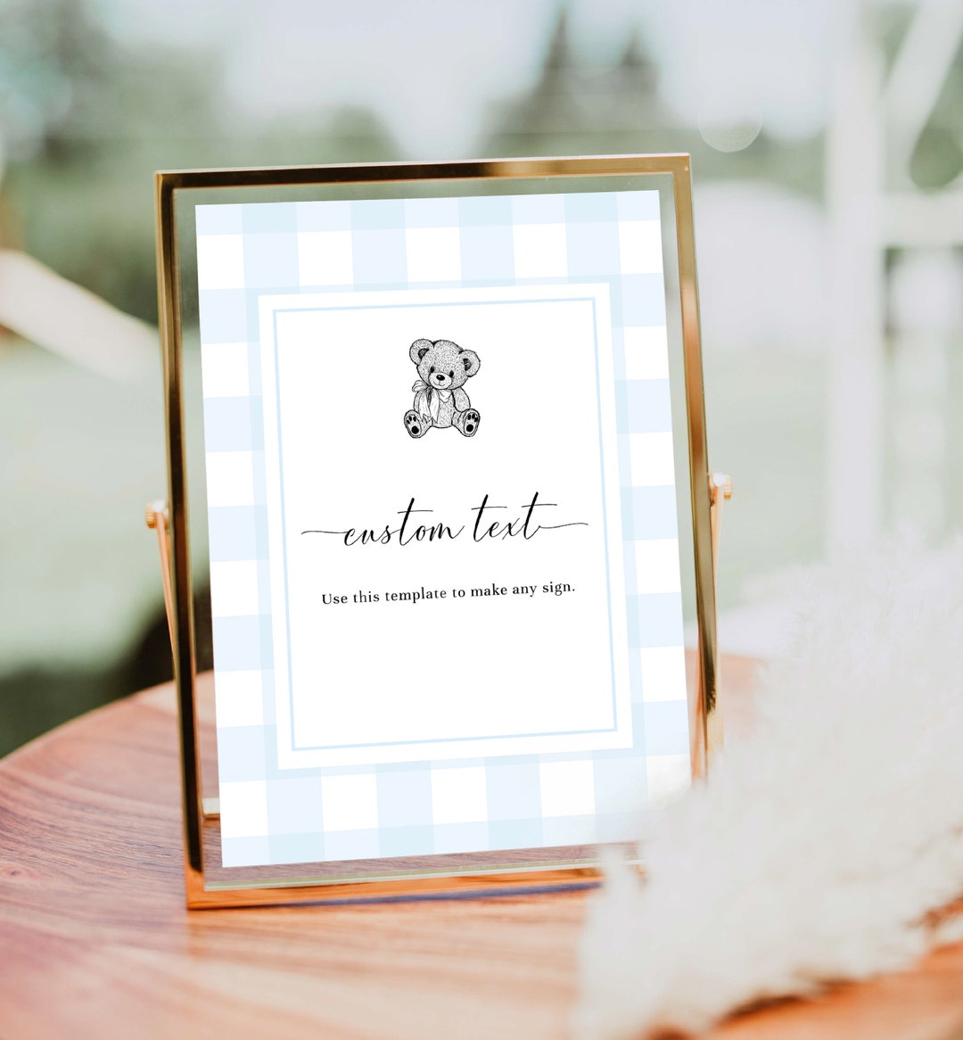 Printable Teddy Blue Gingham Custom Text Sign, Boy Baby Shower Blue ...