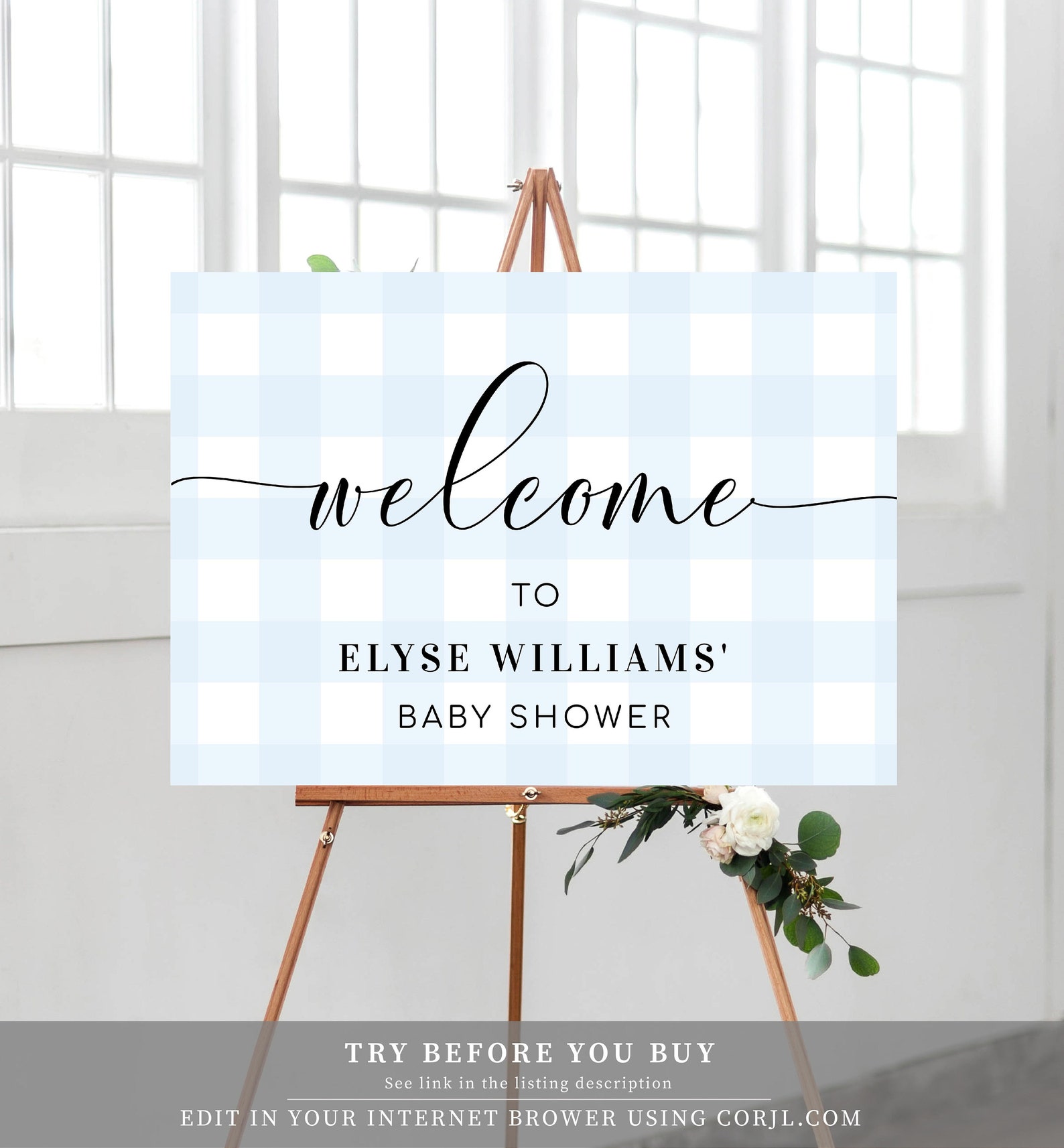 Blue Gingham Welcome Sign Boy Baby Shower Pale Blue Check - Etsy