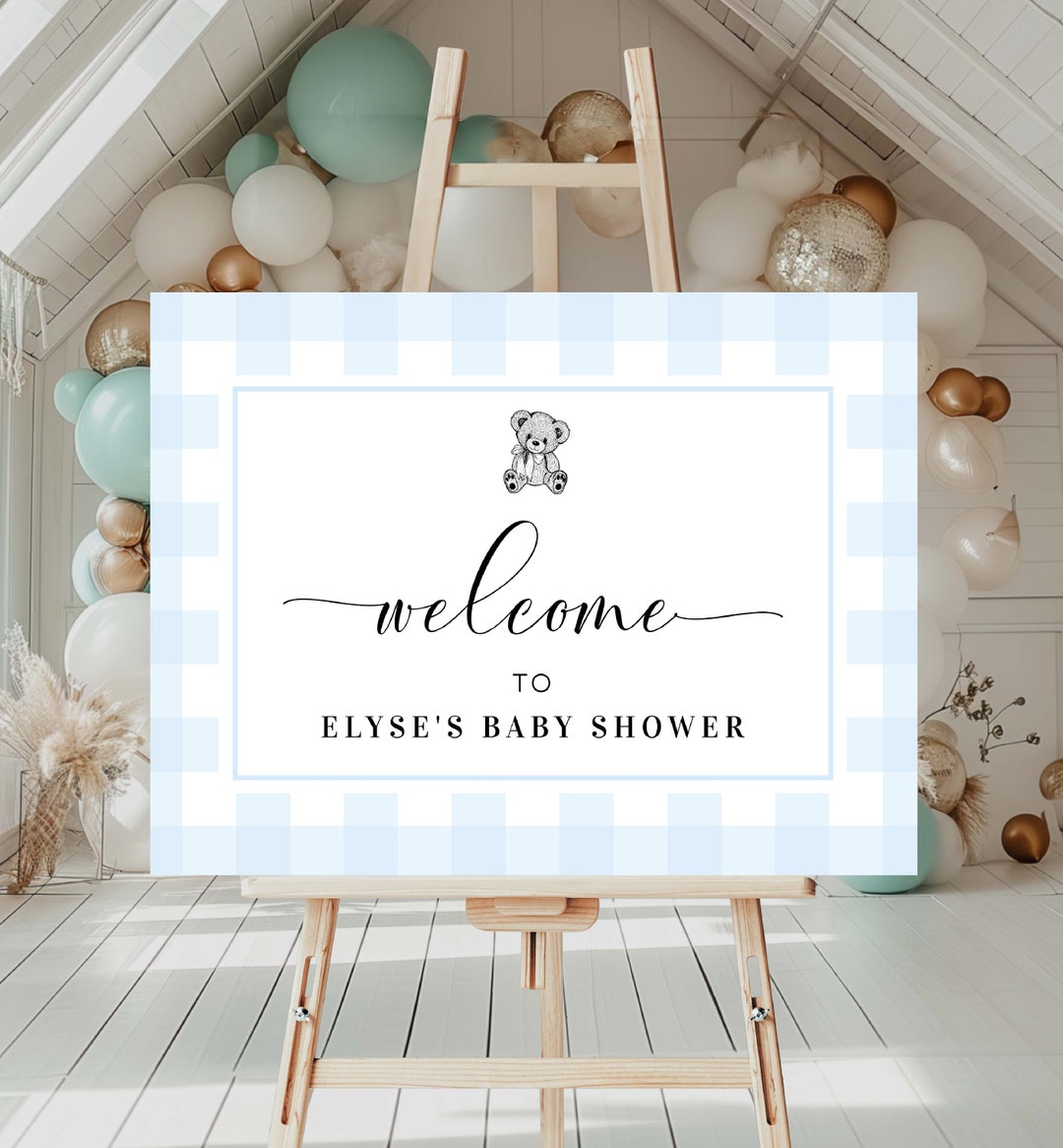 Printable Teddy Bear Welcome Sign Template, Blue Gingham, Boy Baby ...