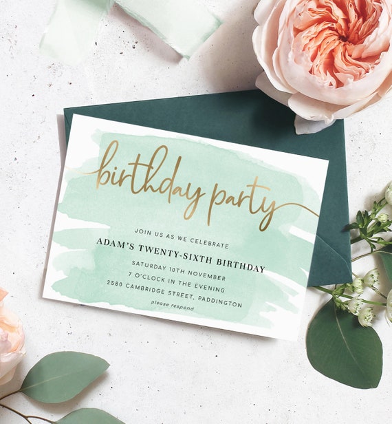 Editable Birthday Invitation Template Green Watercolour Gold | Etsy