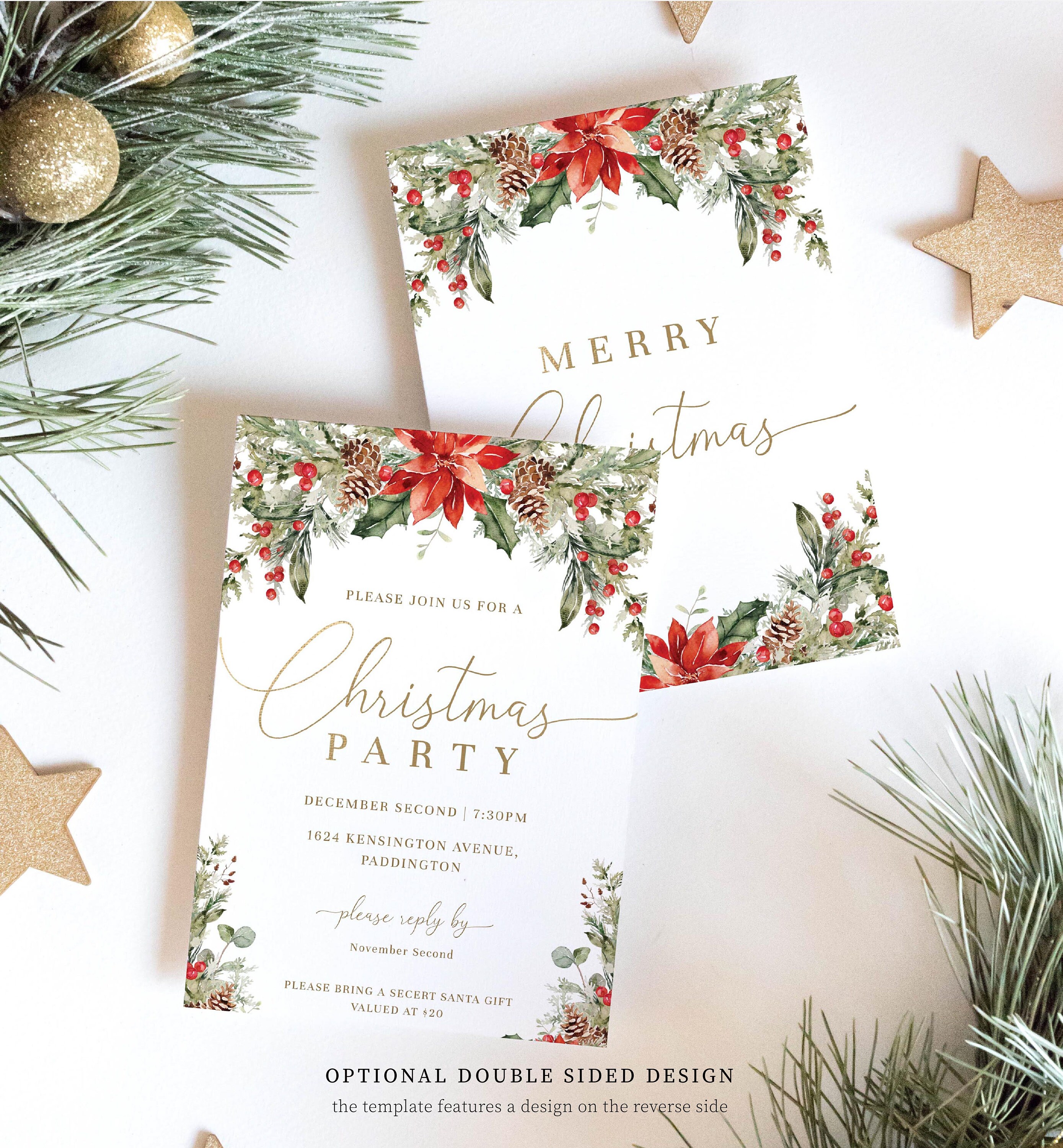 Editable Christmas Party Invitation: Holly Greenery Design (digital ...