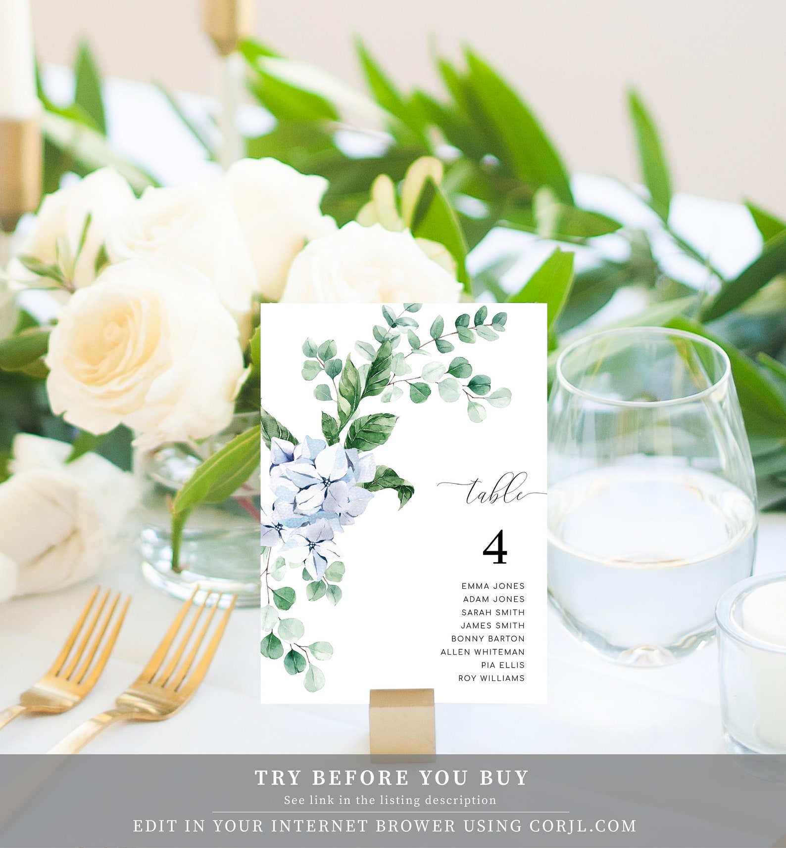 Printable Table Numbers Guest Names, Blue Hydrangea Wedding Reception ...