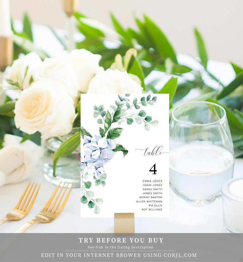 Printable Seating Chart Card Template, Table Numbers Guest Names, Blue ...