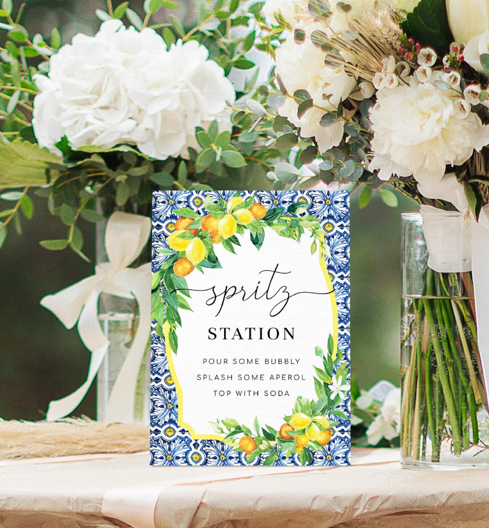 Spritz Station Sign, Positano Blue Tile Oranges Lemons Alcohol Spritz ...