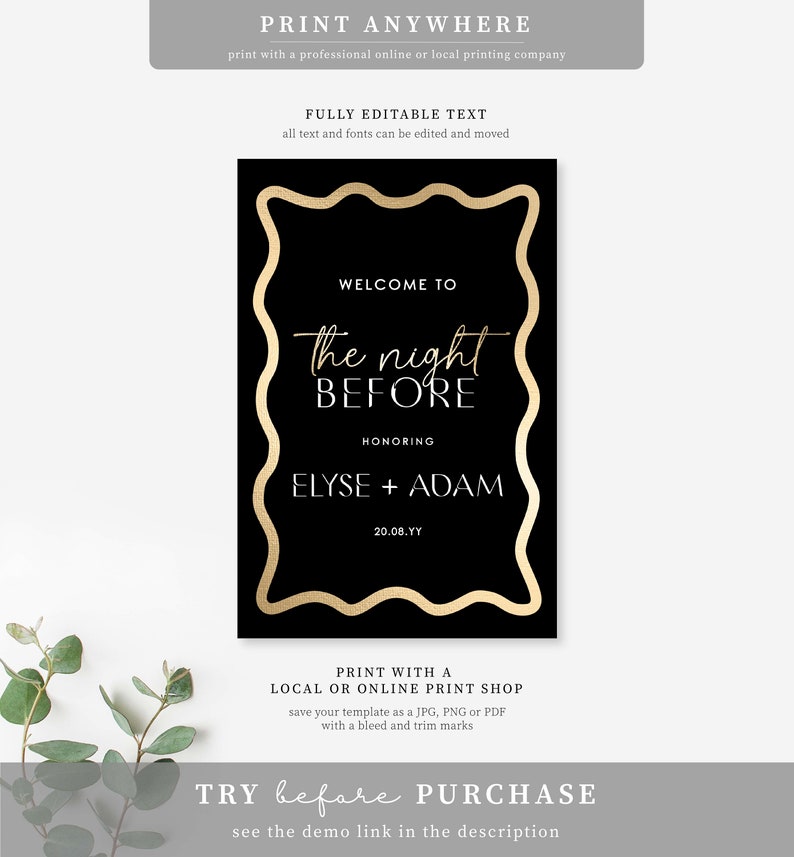 Printable Rehearsal Dinner Welcome Sign Template, Wavy Curved Line ...