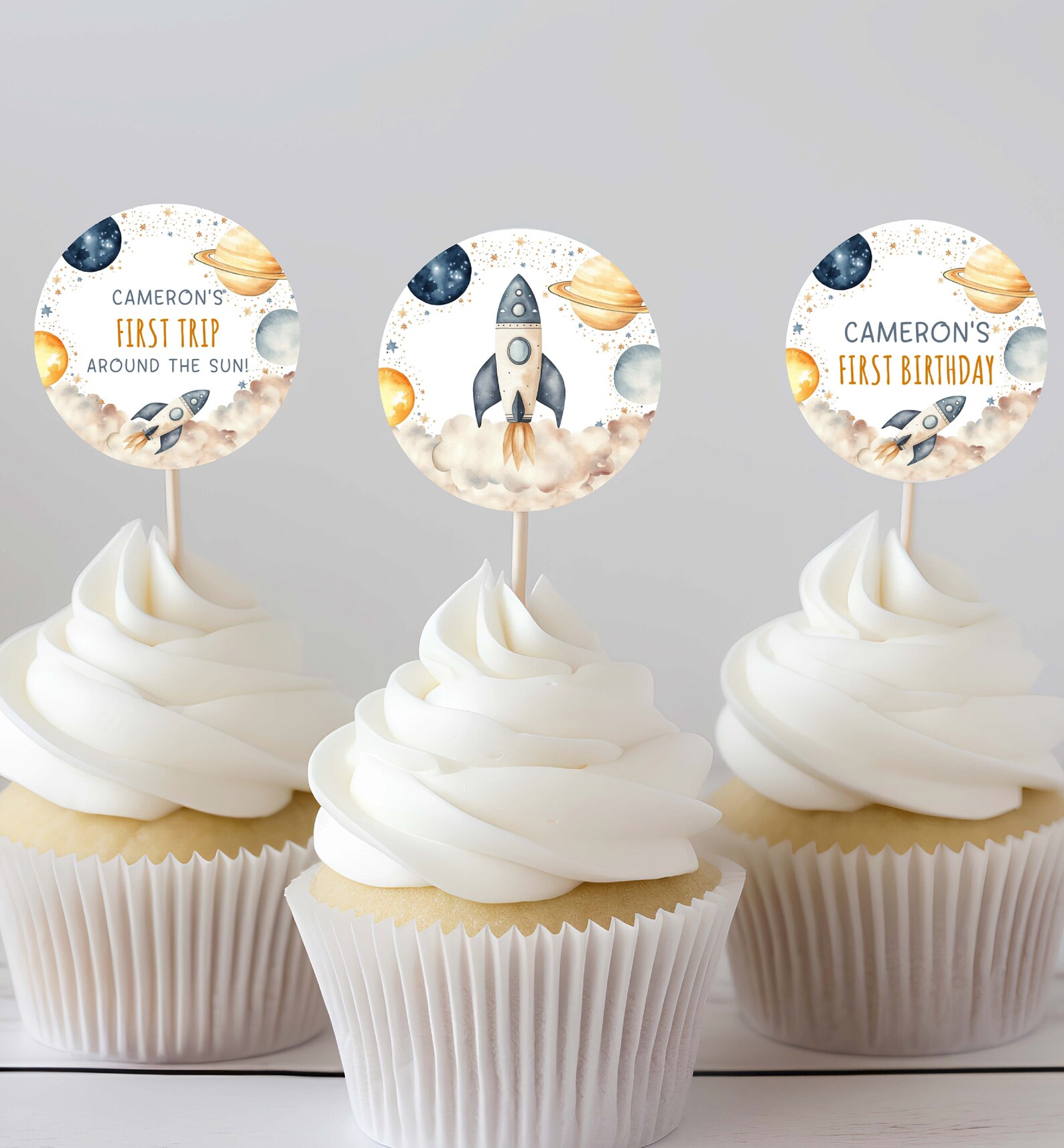 Rocket Ship Space Birthday Cupcake Toppers, First Trip Around the Sun ...
