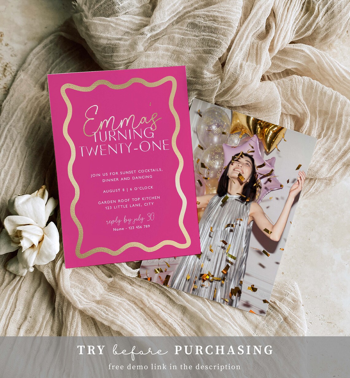 Printable Twenty First Birthday Party Invitation, Wave Curvy Line, Hot ...