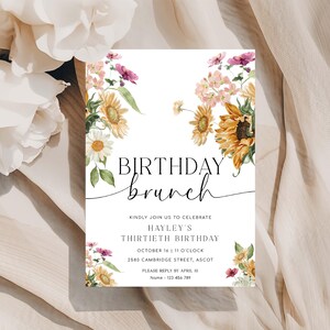 Printable Birthday Brunch Invitation, Sunflower Fall Floral Birthday ...
