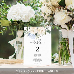 Printable Table Numbers With Guest Names, White Rose Floral Wedding ...