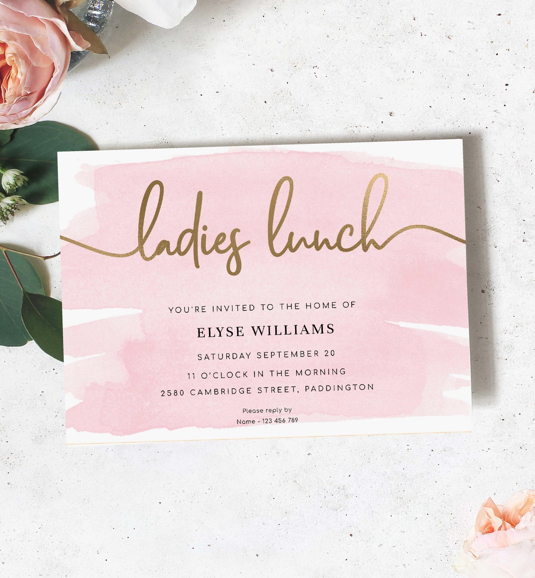 Ladies Lunch Invitation, Birthday Party Invite, Gold Foil Pink ...