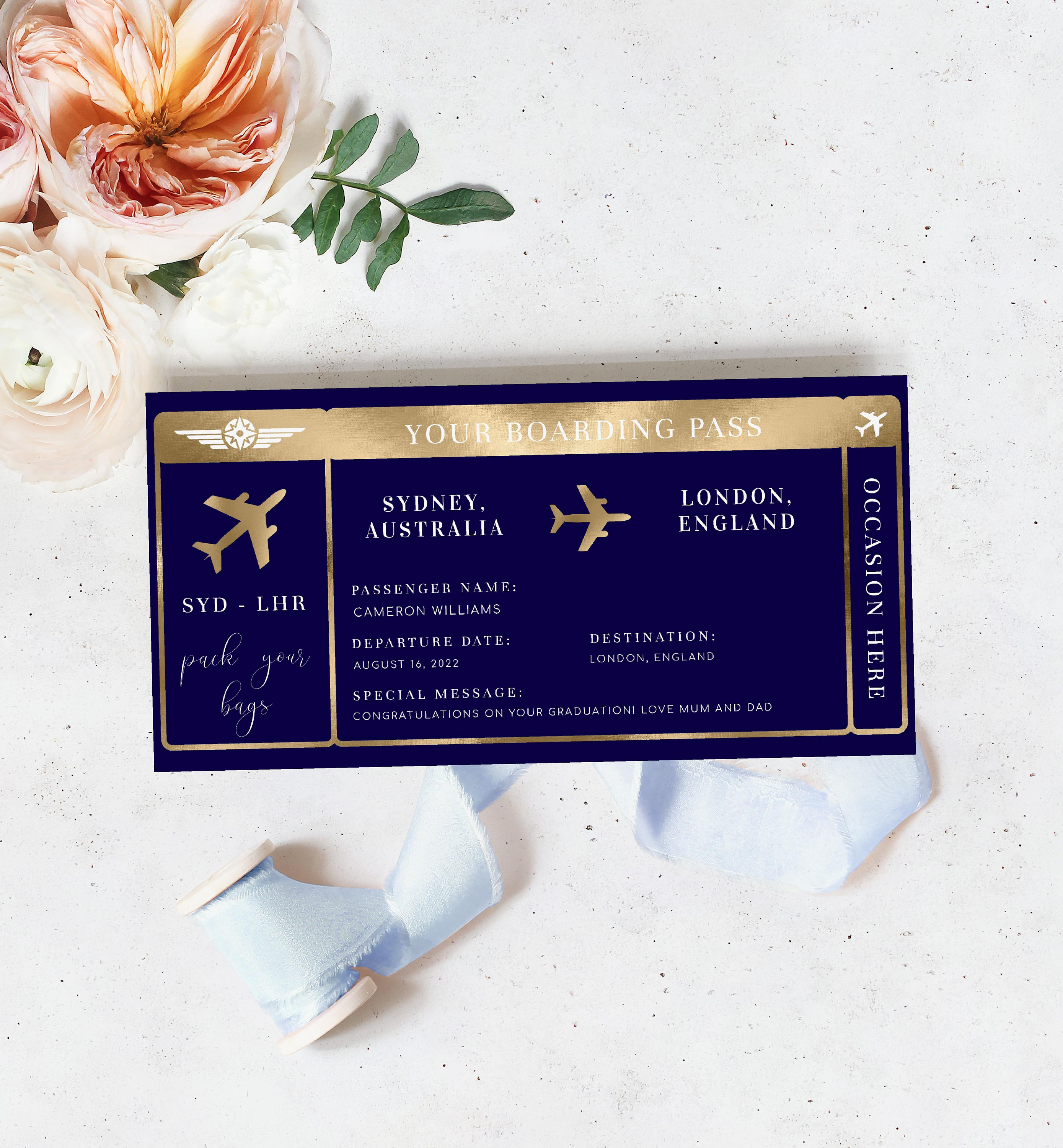 Printable Surprise Fake Airline Ticket Gold Foil Vacation Airplane ...