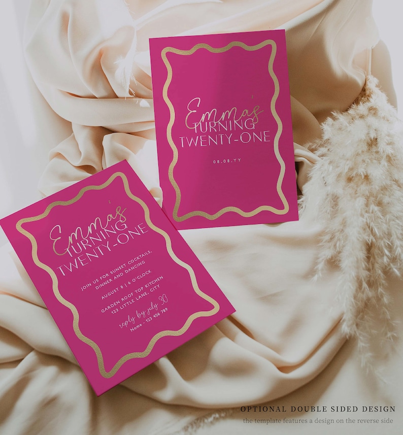 Printable Twenty First Birthday Party Invitation, Wave Curvy Line, Hot ...