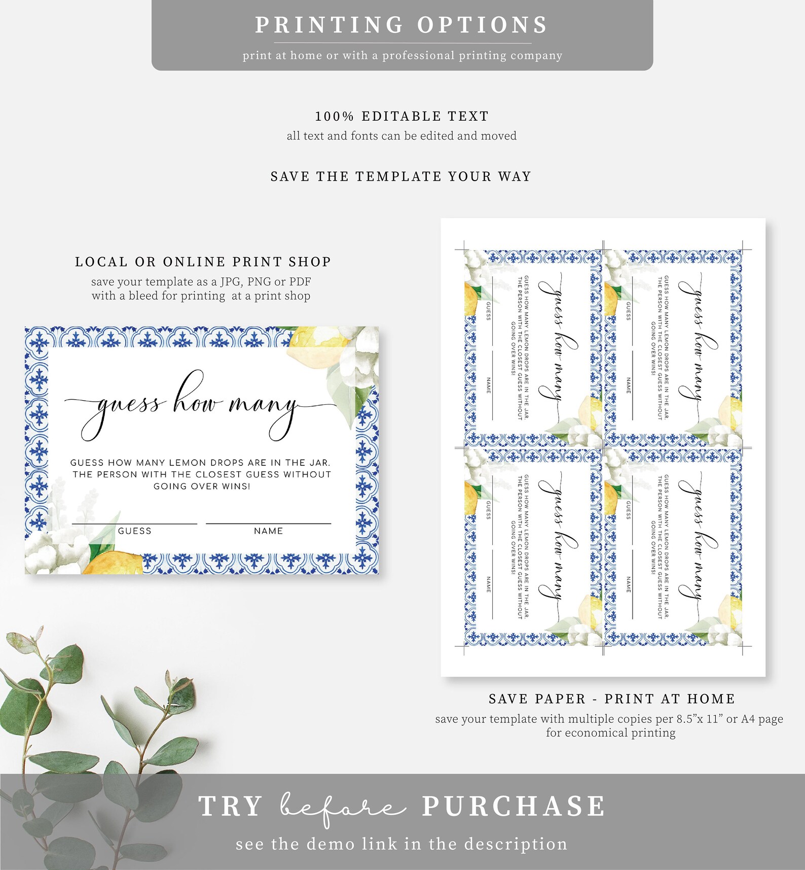 Mediterranean Lemon Guessing Game Sign and Cards Printable Template ...