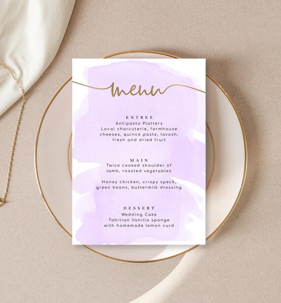 Editable Menu Template Gold Foil Lilac Purple Watercolour | Etsy