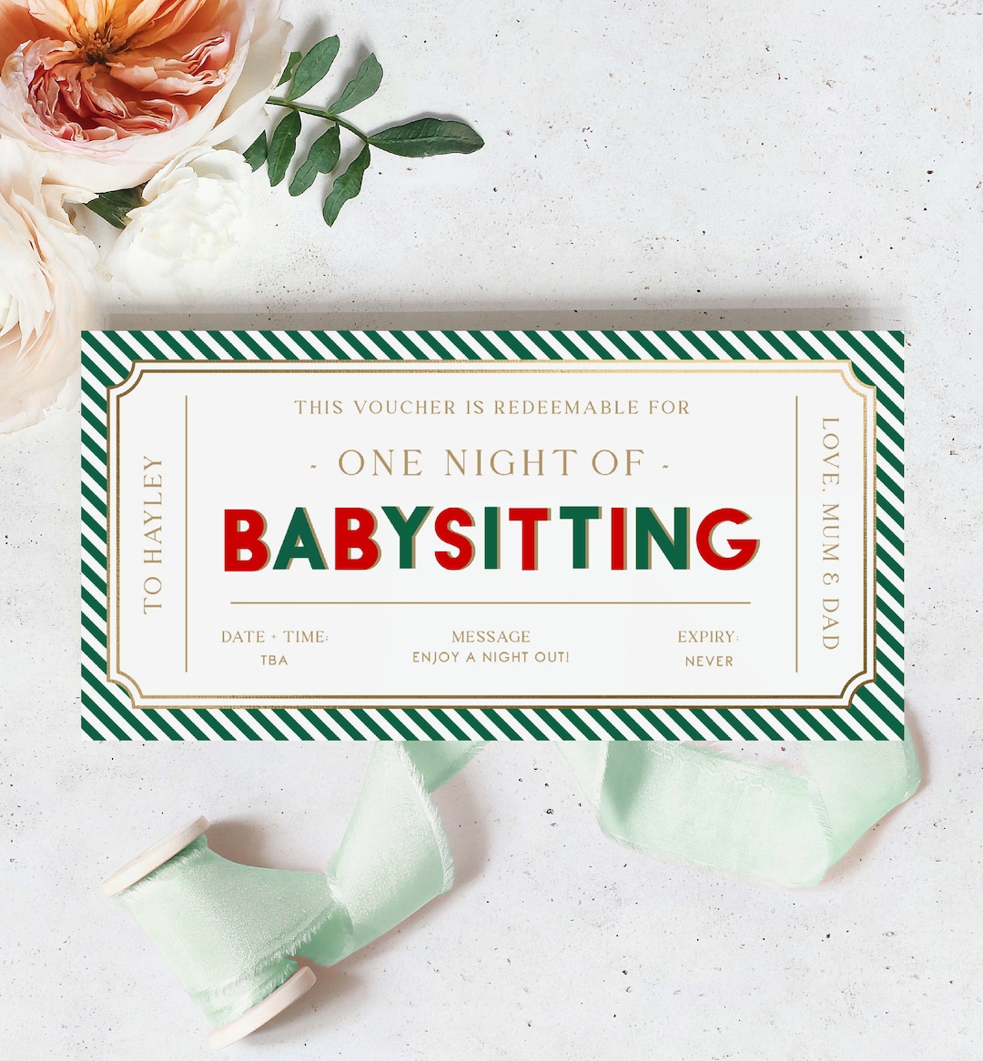 Printable Babysitting Gift Voucher Template, Christmas Childminding ...