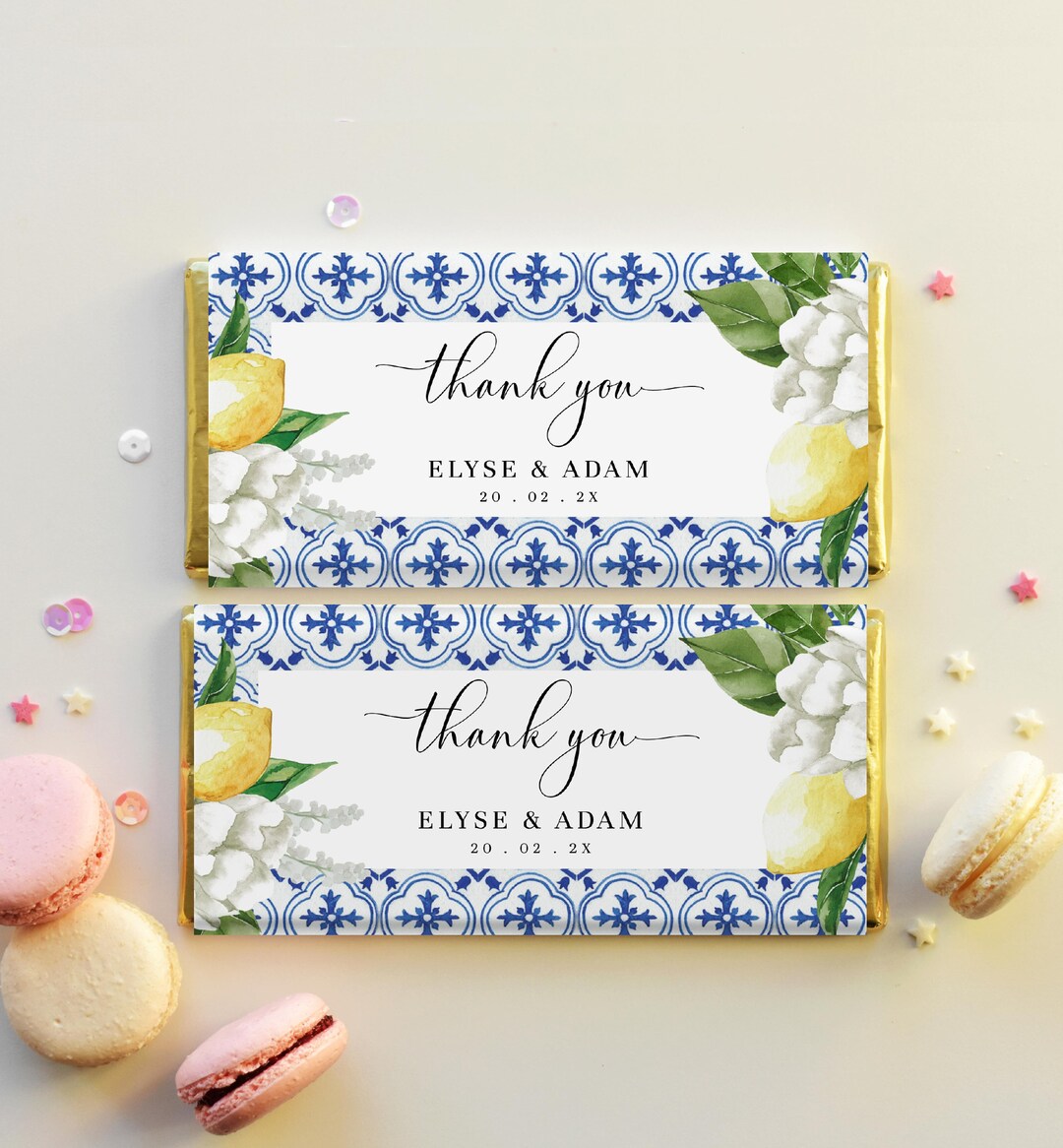 Printable Chocolate Wrappers, Mediterranean Blue Tile Lemon Wedding ...